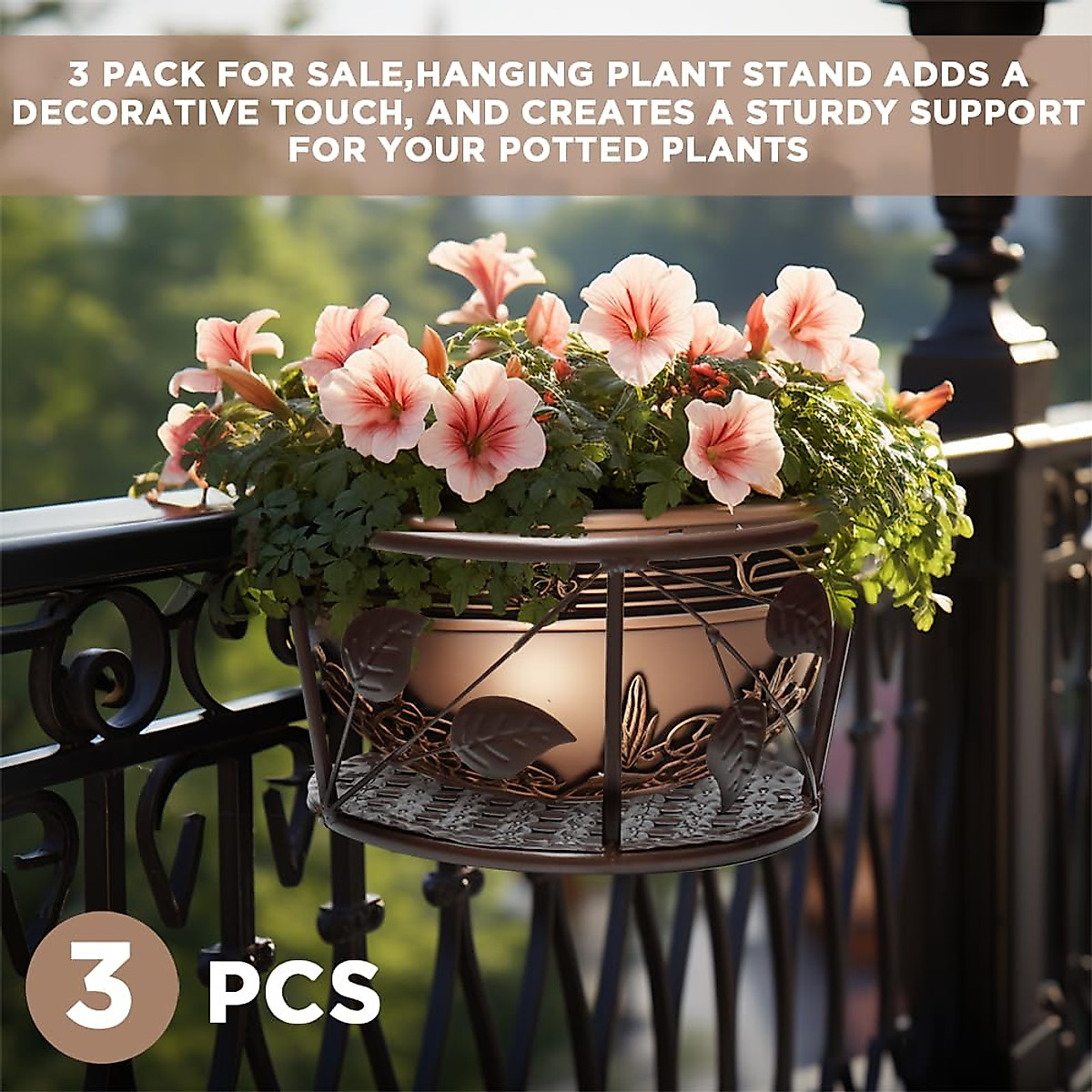 Neisrai Iron Art Metal Railing Flower Pot Hanging Basket for Indoor Pot Holder Hanger 3 Pack Outdoor Plants Perfect for Porches and Patio Decor Leaf Pattern (Black)