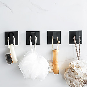 SAIWILLER 4 Pack Adhesive Black Towel Hooks Bathroom Shower Hook Robe Hanger Stickers Coat Hat Rack Square Metal Wall Hooks for Hanging