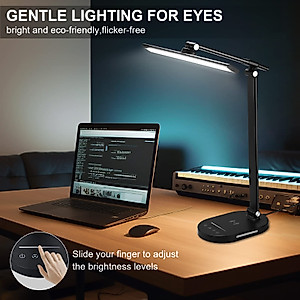 LED Desk Lamp with Wireless Charger, USB Charging Port, Touch Control, 5 Color Modes, 5 Brightness Level, Eye-Caring Desk Lamp for Study Reading, 1H Timer, Home Office Table Lamp