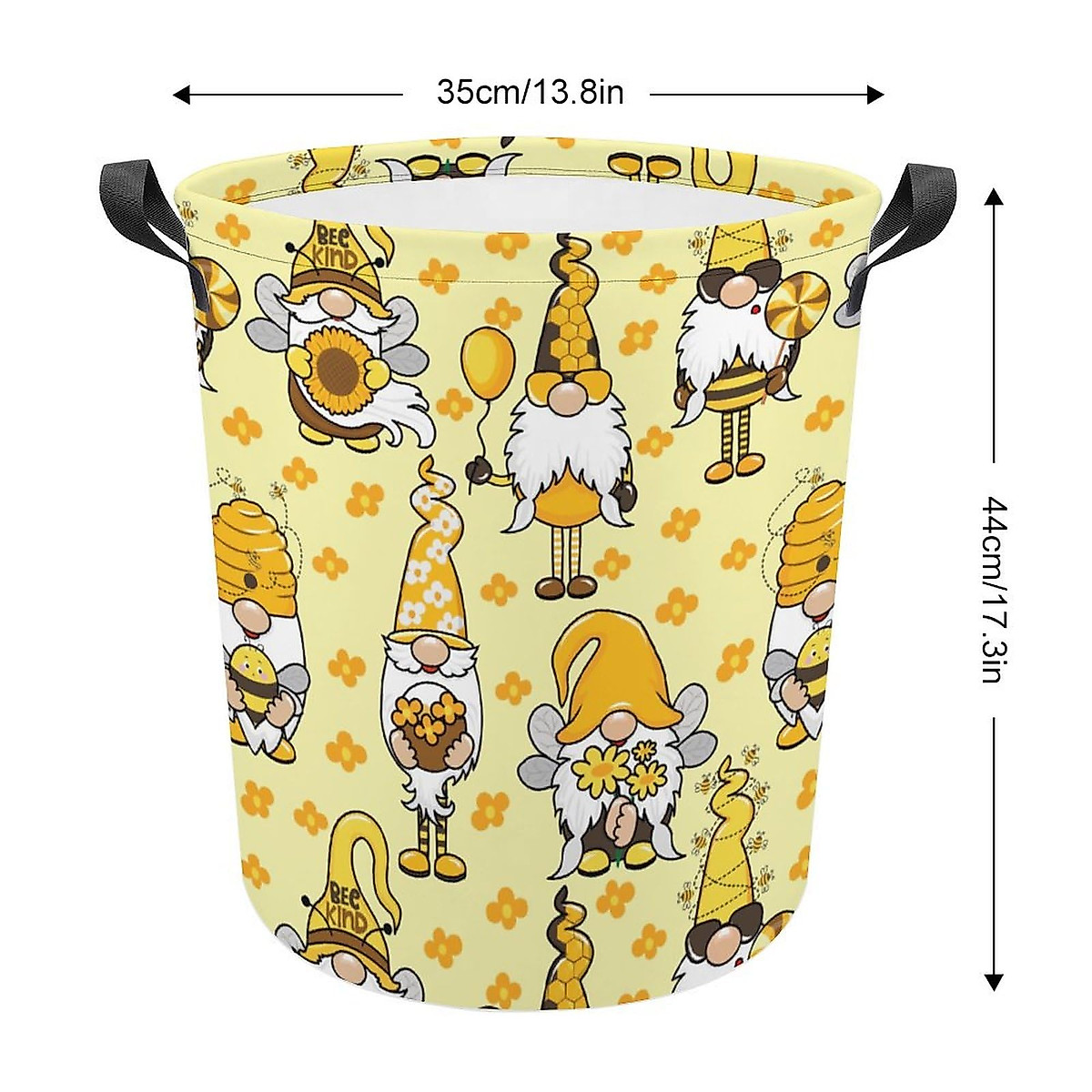 FISNAE Yellow Honey Bees Storage Baskets, Gnomes Flower Small Laundry Hamper-Collapsible Storage Bin with Handles Round Toy Organizer Bin for Kid's Room,Office,Nursery Hamper, Home Decor