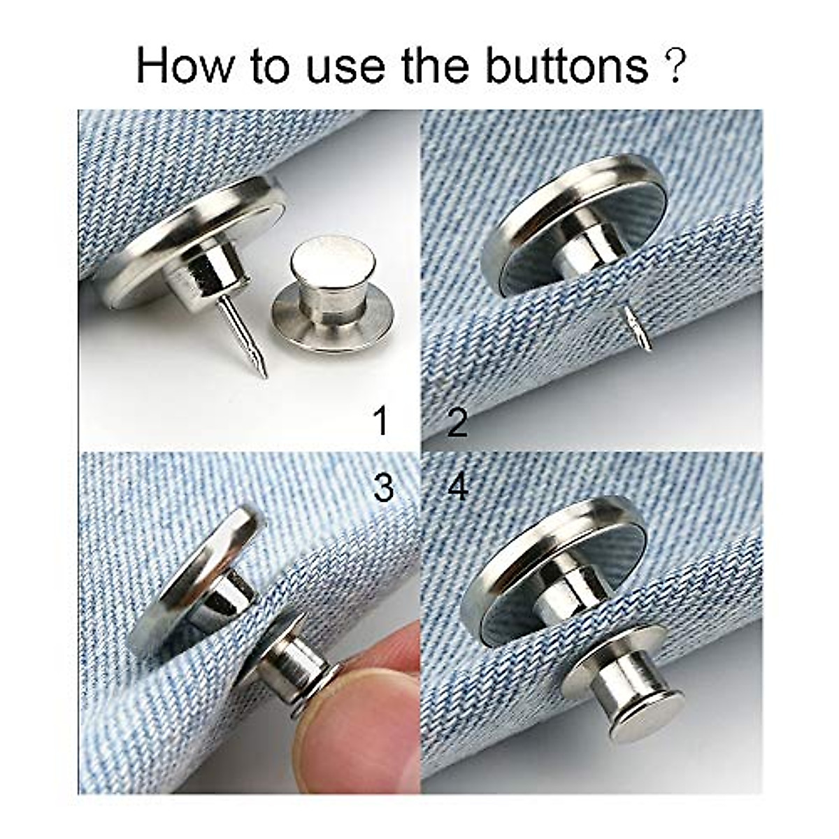 Button pins for Jeans , No Sew and No Tools Instant Jean Button Pins for Pants ,4 Sets Replacement Buttons, Simple Installation, Reusable and Adjustable