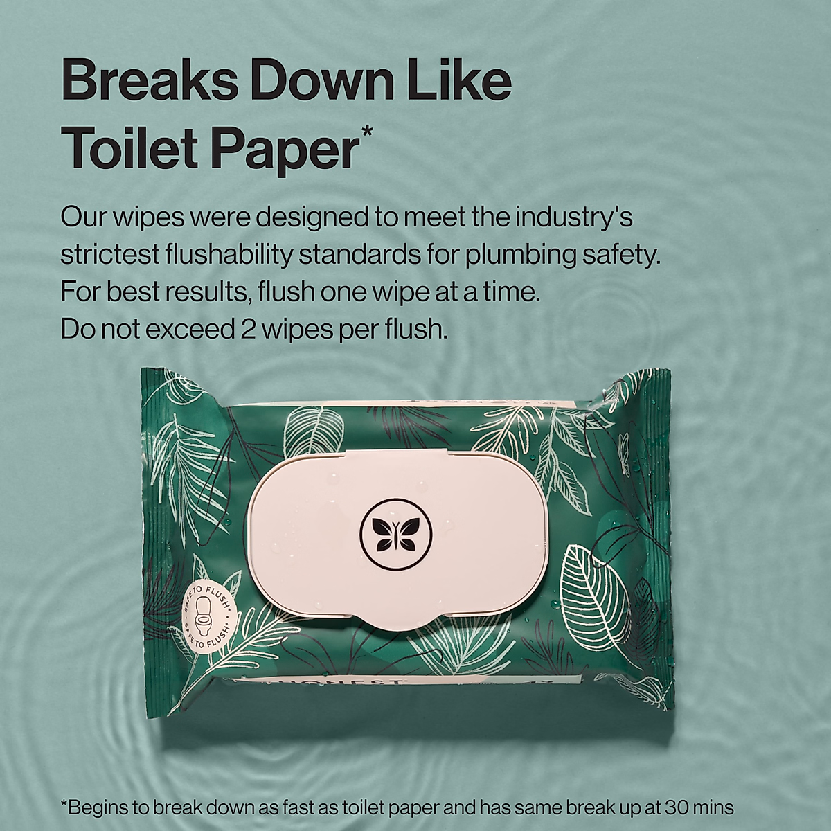 The Honest Company Flushable Wipes for Sensitive Skin | Fragrance Free, Hypoallergenic, 99% Water, Safe to Flush | Tropical Leaves, 126 Count