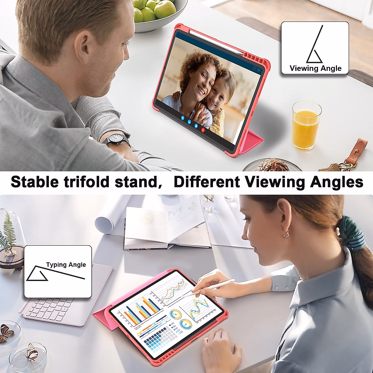 OKP for New iPad Pro 12.9 Case 6th/5th/4th/3rd Generation 2022/2021/2020/2018, 12.9 inch ipad Pro Case with Trifold Stand, 12.9'' Cover with Slim Lightweight Clear PC Back Shell for Women Men, Pink