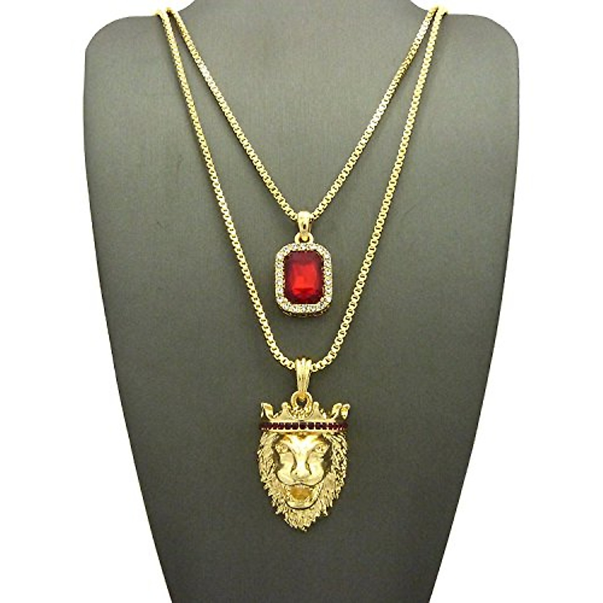 Gold Tone Micro Colorful Gemstone King Crown Lion Head Pendant 2mm 24", 30" Box Chain 2 Necklace Set (Gold + Red)