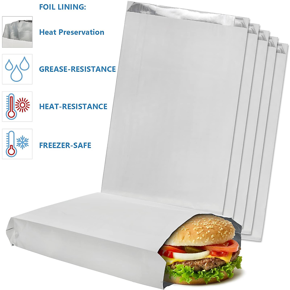 DEAYOU 150 Pack Foil Hamburger Wrappers, 4 LB Aluminum Foil Sandwich Wrap Sleeves, Grease Resistance Paper Foil Hot Dog Bags for Fast Food, Food Truck, Serving, BBQ, 6.3" x 1.5" x 10"