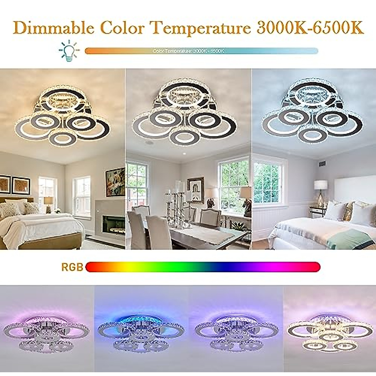YYJLX Led Ceiling Light with Remote Control Modern 7 Rings Crystal Flush Mount Ceiling Light Fixtures 23inch 3 Color Dimmable and RGB Ceiling Lamp for Living Room Kitchen Dining Room Bedroom.