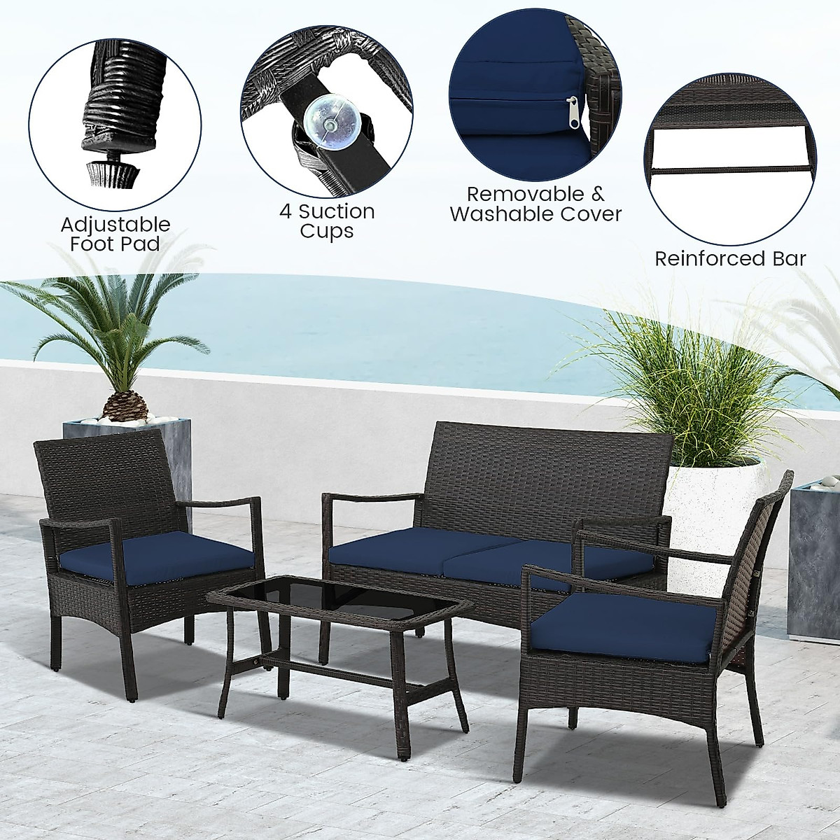 Tangkula 4 Pieces Outdoor Conversation Set, Patio PE Wicker Sofa with Tempered Glass Coffee Table, Soft Seat Cushions Included, Modern Rattan Chair Table Set for Porch, Backyard (1, Navy)