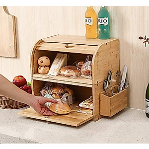 TQVAI Natural Bamboo 2 Layer Large Bread Box for Kitchen Counter Wood Bread Storage Container - Can Use as 2 Individual Bread Bin - Assembly Required, Original