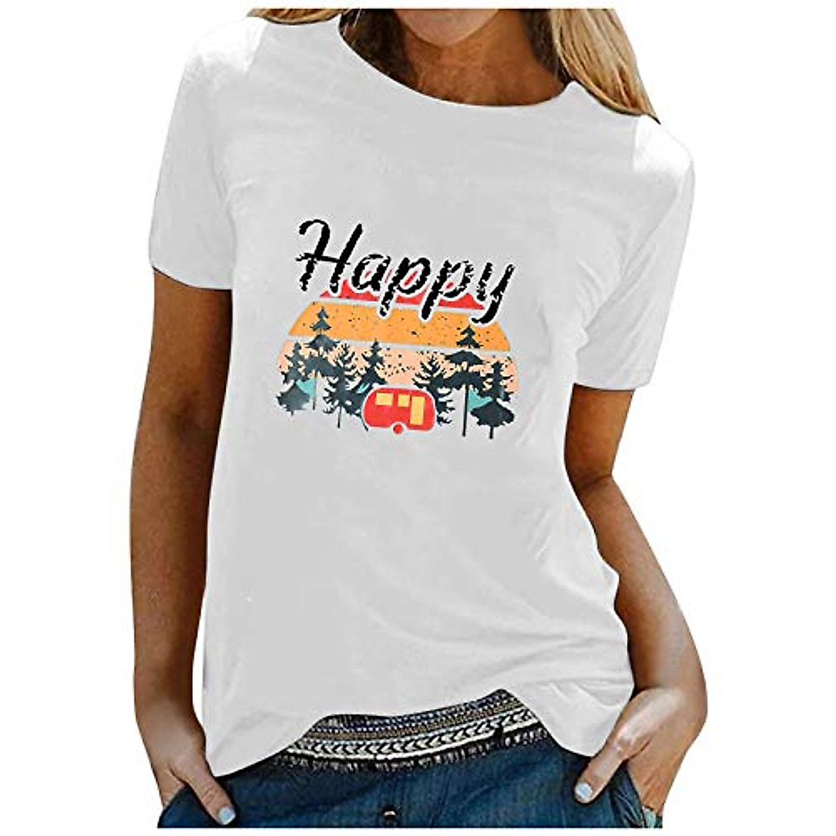 wodceeke Women's Landscape Print Loose T-shirt Short Sleeve Round Neck Basic Tee Summer Vacation Casual Blouse Tops (White, S)