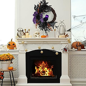 22 Inch Halloween Wreaths for Front Door, Halloween Owl Wreath with Lighted Eyes, Prelit Black Halloween Wreath with Artificial Roses Willow Leaves Ribbon for Halloween Indoor Outdoor Home Decor