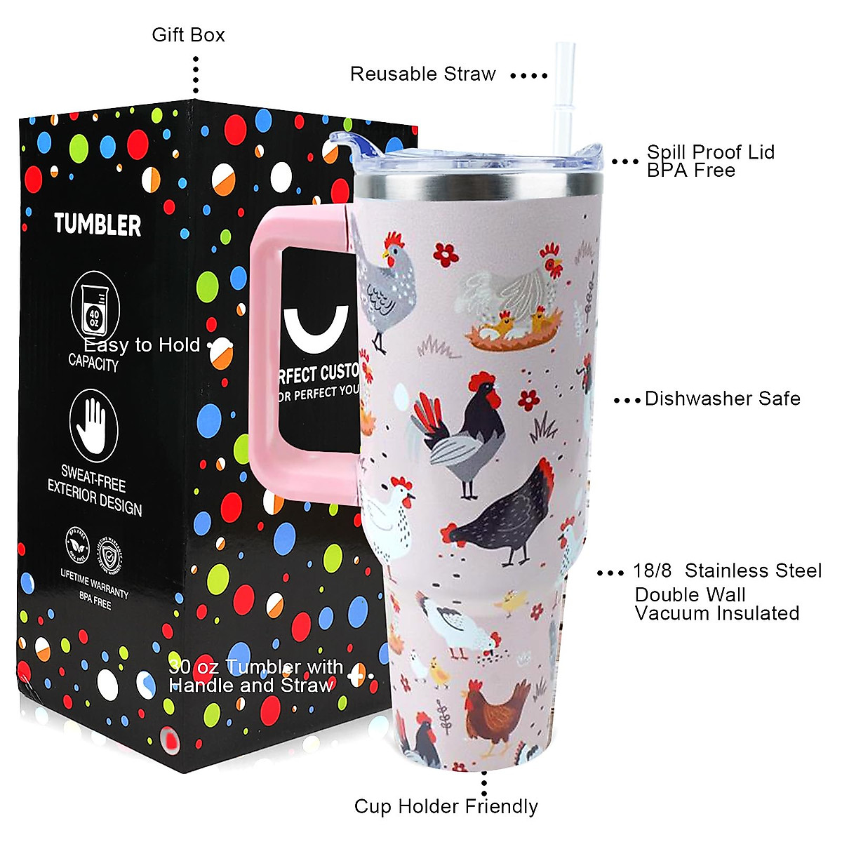 PERRIFIC 30 oz Tumbler with Handle and Straw Lid Leak Proof, Chicken and Rooster Design Coffee Travel Mug with Handle Insulated for Hot and Cold Drink Ice, Mother's Day Birthday Gifts for Women Mom