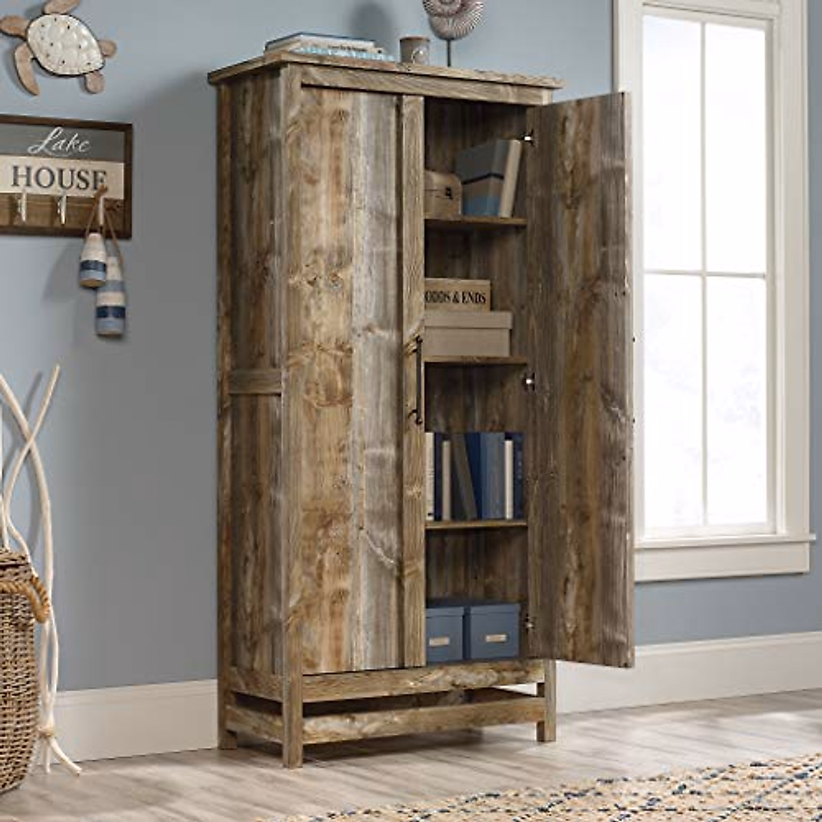 Sauder Granite Trace Storage Cabinet, L: 35.2" x W: 16.26" x H: 71.97", Rustic Cedar Finish & Granite Trace Bookcase, L: 53.15" x W: 12.21" x H: 47.52", Rustic Cedar Finish