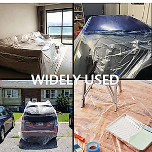 uyoyous 6 Rolls Plastic Painting Film, 9 x 67 ft Pre Taped Masking Paper, Plastic Masking Film, Tape and Drape Painters Paper Rolls for Automotive Furniture Painting Covering