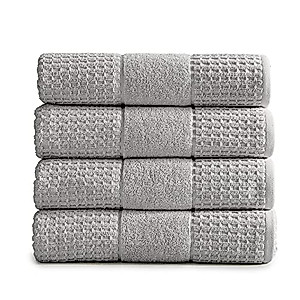 100% Cotton Super Soft Luxury Bath Towel Set | Quick-Dry and Highly Absorbent | Waffle Textured | 550 GSM | Includes 4 Bath Towels | Harper Collection (Light Grey)