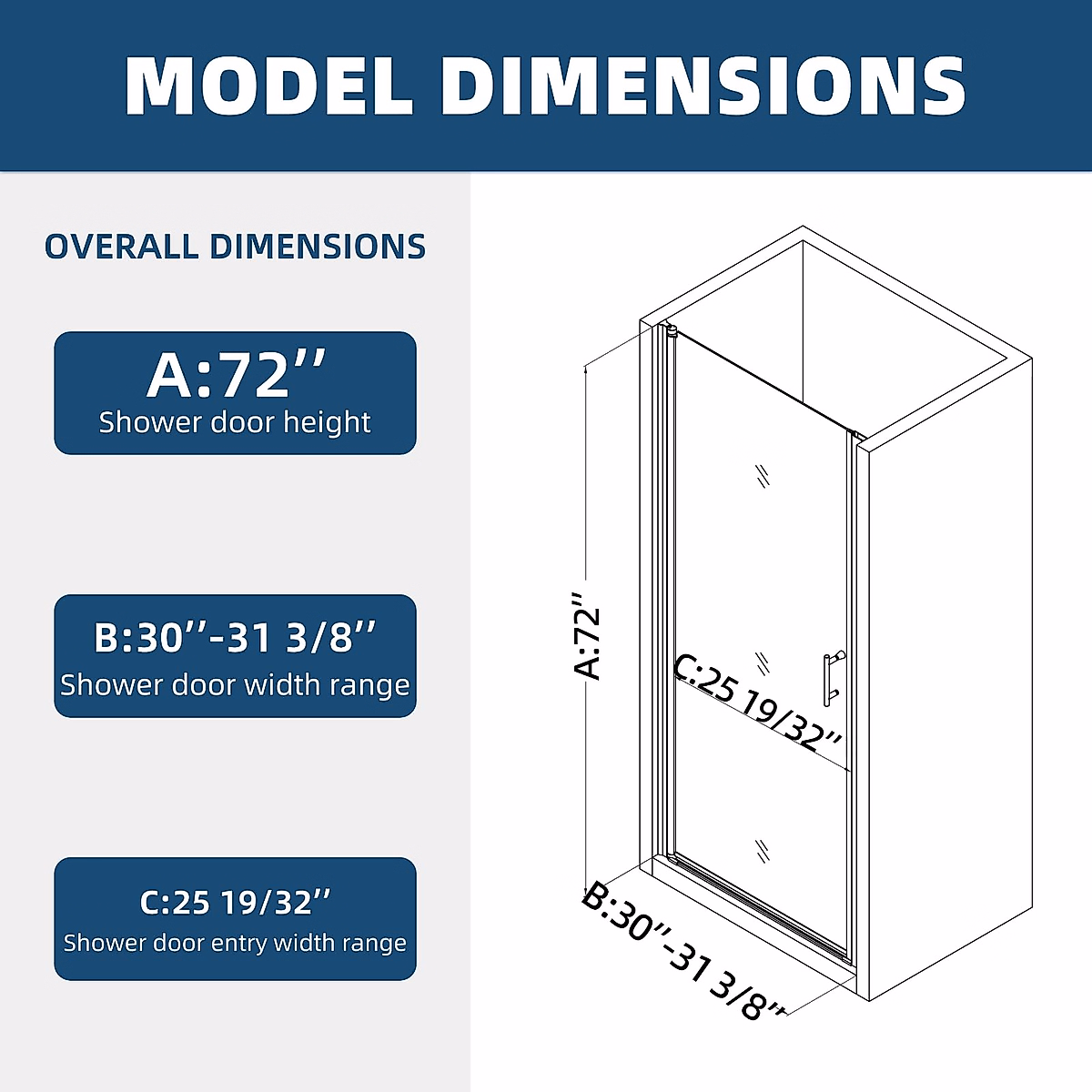 ACE DECOR 30-31.4" W x 72" H Frameless Pivot Shower Door, 1/4" (6mm) Clear SGCC Tempered Glass Shower Door, Pivot Swing Shower Glass Door in Matte Black Finish, Reversible Installation