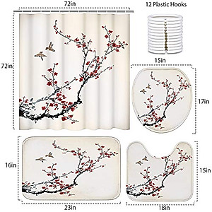 Britimes 4 Piece Shower Curtain Sets, Cherry Blossoms with Non-Slip Rugs, Toilet Lid Cover and Bath Mat, Durable and Waterproof, for Bathroom Decor Set, 72" x 72"