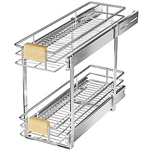 LOVMOR 2 Tier Pull Out Cabinet Organizer 7½" W x 21½" D, Slide Out Drawers with Wooden Handle, Sliding Shelves Organization and Storage for Kitchen, Pantry