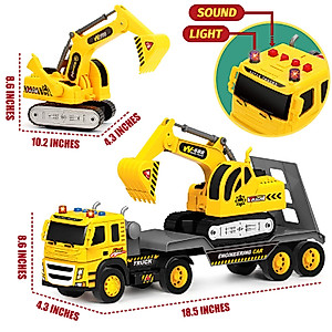 1:12 Scale Push and Go Excavator Flatbed Toy Truck for Kids - With Lights & Sounds