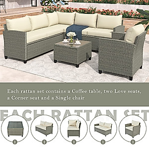 Merax 5 Piece Patio Furniture Set Outdoor Conversation PE Wicker Rattan Sectional Sofa, Coffee Table and Single Chair, Beige