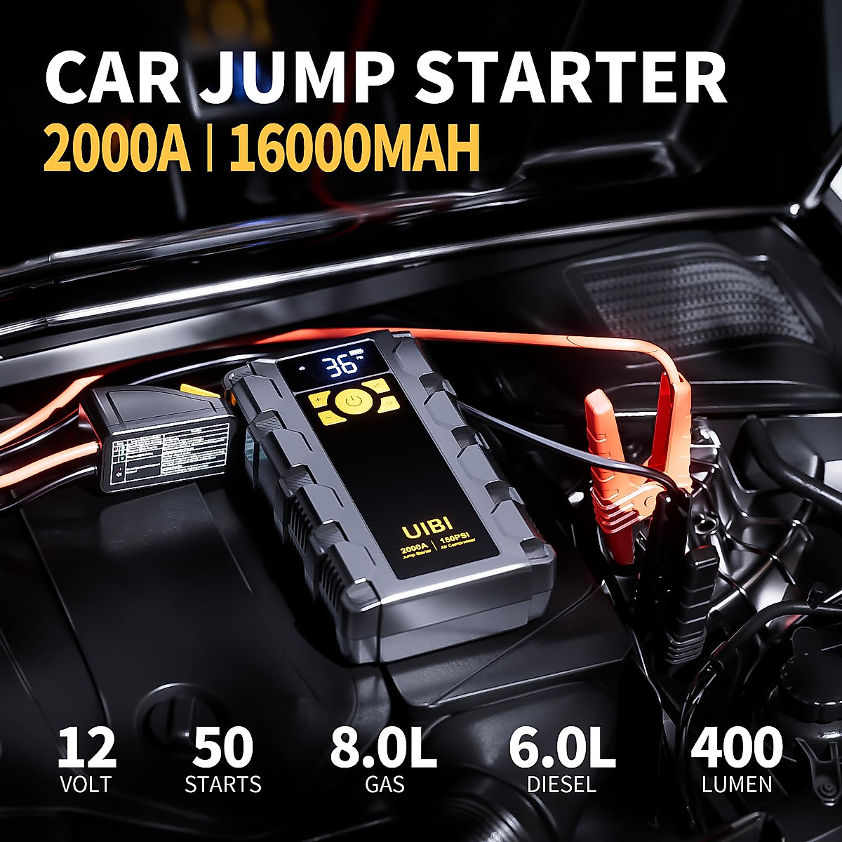 UIBI X5 Car Jump Starter with Air Compressor, 2000A Car Battery Jump Starter with 150PSI Tire Inflator Portable, Battery Jumper Starter, Jump Box for 8.0L Gas or 6.0L Diesel Vehicles