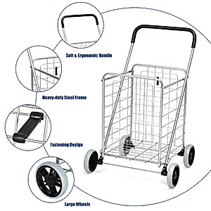Goplus Shopping Carts for Groceries, Heavy Duty Folding Shopping Cart with Wheels, Portable Collapsible Grocery Cart, Light Weight Foldable Utility Cart for Laundry Silver