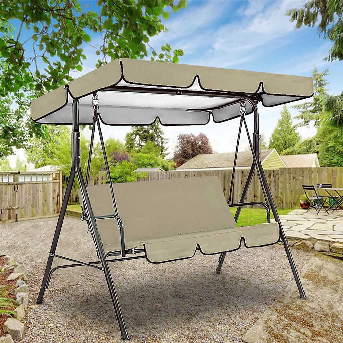 Swing Canopy with Seat Cushion Cover Set - Waterproof Polyester Top Swing Replacement Canopy Cover UV Block Sun Shade for Outdoor Garden Patio Yard Park Porch Balcony Backyard Swing Seat (Beige)