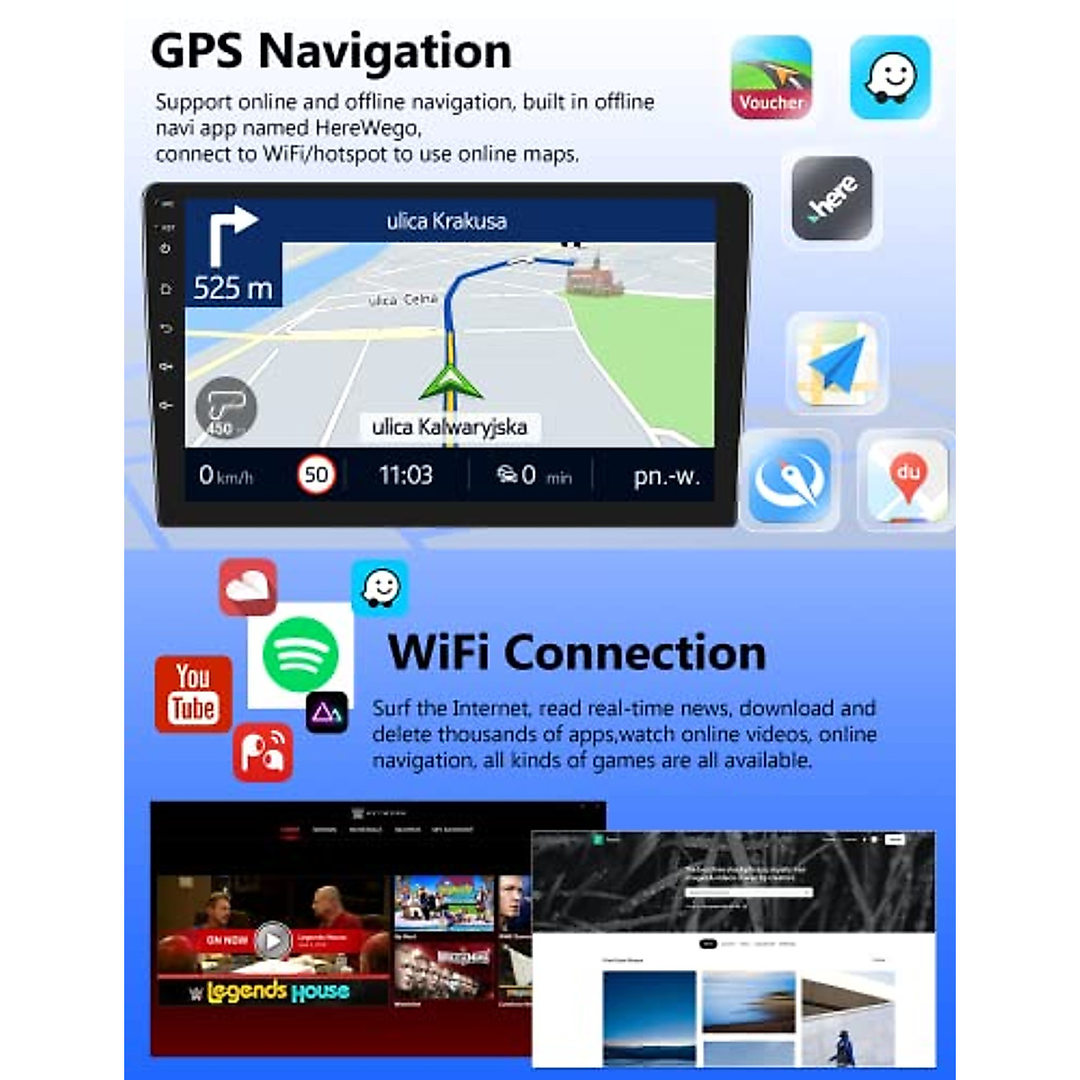 10 Inch Android Car Stereo Double Din with Wireless Carplay Android Auto, Touch Screen Car Radio Supports GPS Navigation, WiFi, Hi-Fi Sound, FM/RDS Radio, Split Screen+ Backup Camera