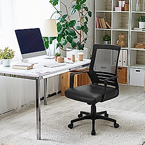 Yaheetech Ergonomic Office Chair Leather Seat and Mesh Back Combine Computer Chair Executive Chair Mid-Back Rolling Swivel Chair w/Lumbar Support and Armrests Adjustable Height for Office，Black