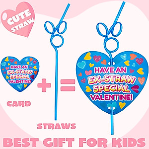 JOYIN 28 Pack Valentines Day Gift Cards with Gift Colorful Crazy Loop Reusable Drinking Straws for Classroom Exchange Prizes, Valentine Party Favors Toy