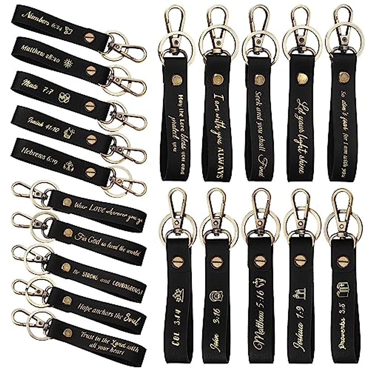 20 Pcs Christian Key Chain Leather Religious Keychain Inspirational Bible Key Chains Verse Quote Keychains Christmas Gifts (Black Gold)