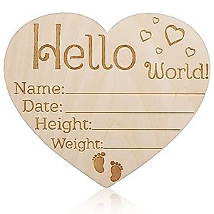 AIEX Wooden Baby Announcement Sign, Love Heart Shaped Hello World Plaque Newborn Baby Birth Sign Board Wooden Newborn Welcome Sign for Hospital Nursery Photo Prop Baby Shower