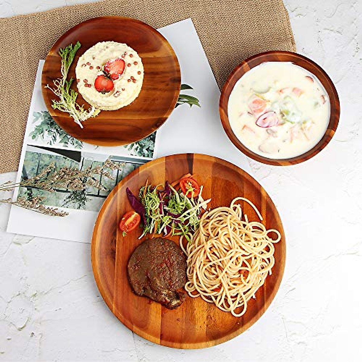 AIDEA Acacia Wood Dinner Plates, 11Inch Round Wood Plates Set of 4, Easy Cleaning & Lightweight for Dishes Snack, Dessert, Unbreakable Classic Plate