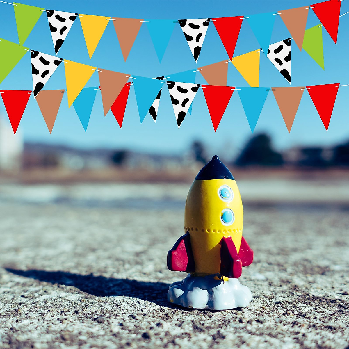 Smoothnovelty 45 ft Cartoon Story Party Decorations Red Blue Yellow Toy Themed Birthday Banner Flags Cloud and Cow Print Rainbow Triangle Pennant Flag Garland for Baby Shower Party Decor