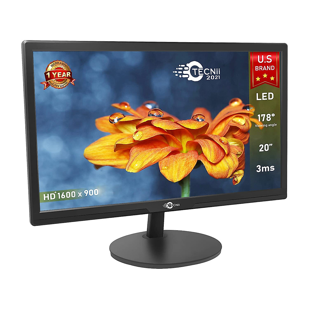 TECNII 20" Inch Widescreen LED Backlit LCD Desktop PC Monitor HD+ Resolution - 3ms Response Time - HDMI - VGA - for Home, Office - Black