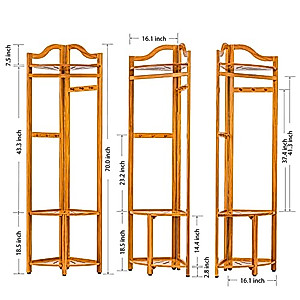 70“ Teak Corner Hall Tree with Shoe Bench,Corner Coat Rack with Bench,Corner Hall Tree,Entryway Coat Rack,Built of Solid Teak.