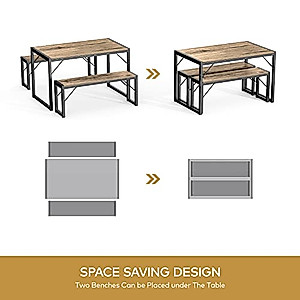 Gizoon 45.5" Dining Table Set for 4, Kitchen Dining Table with 2 Benches, Dining Room Table Set with Metal Frame & MDF Board, Space-Saving Dinette for Kitchen, Dining Room -Grey