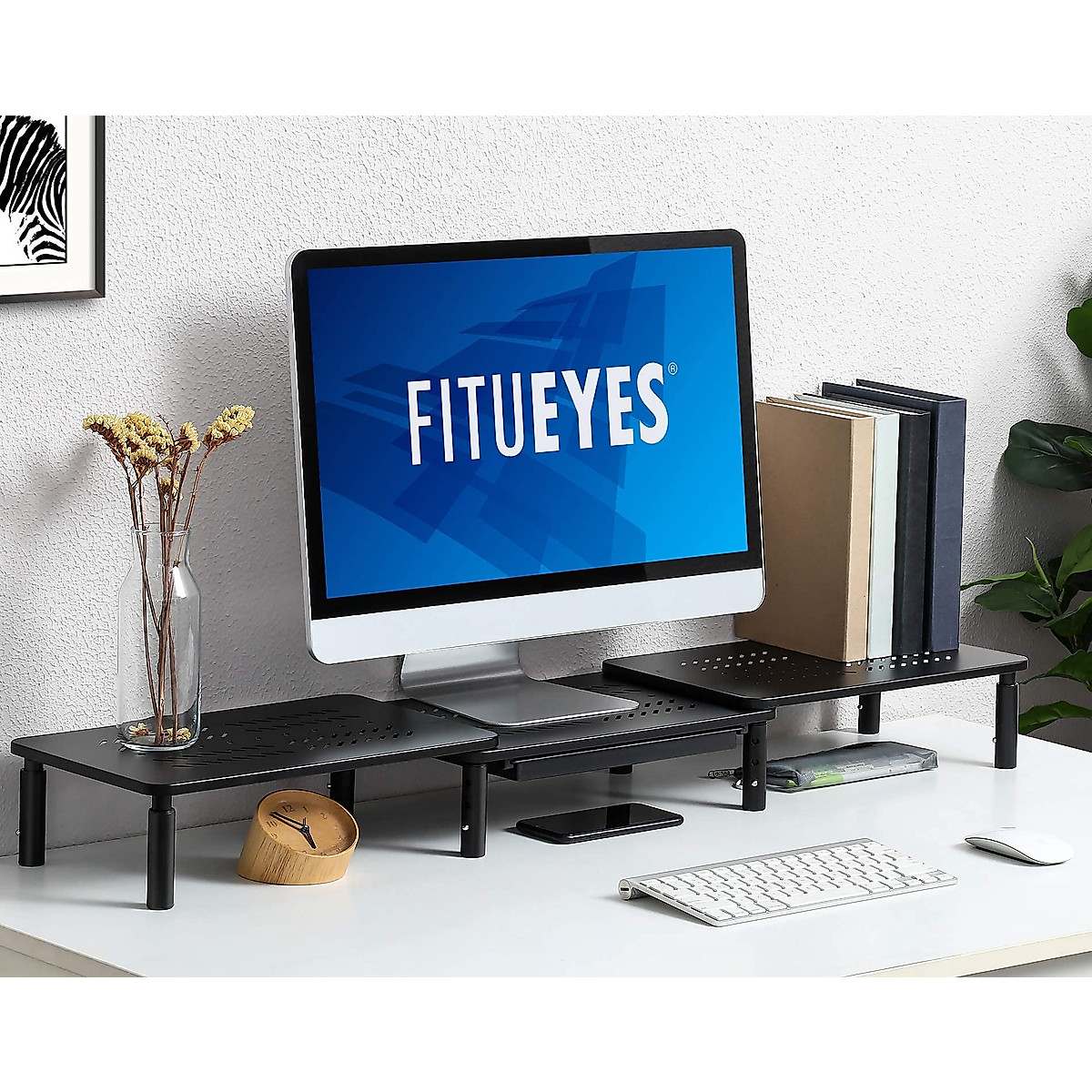 FITUEYES 3 Shelf Monitor Stand with Drawer - Adjustable Computer Monitor Riser, Metal Desktop Stand with Vented, PC Cellphone Cable Management, Office Organization, Black, DT115903MB