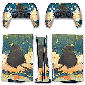BelugaDesign Fat Cat Skin PS5 | Leaves Animal Anime Cartoon | Cute Kawaii Vinyl Cover Wrap Sticker Full Set Console Controller | Compatible with Sony Playstation 5 (PS5 Regular Disc, Multicolored)
