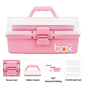 HengLiSam 12'' Three-Layer Clear Plastic Storage Case for Art Craft and Cosmetic, Multipurpose Organizer and Portable Handled Storage Box for Home, School, Office (Pink)