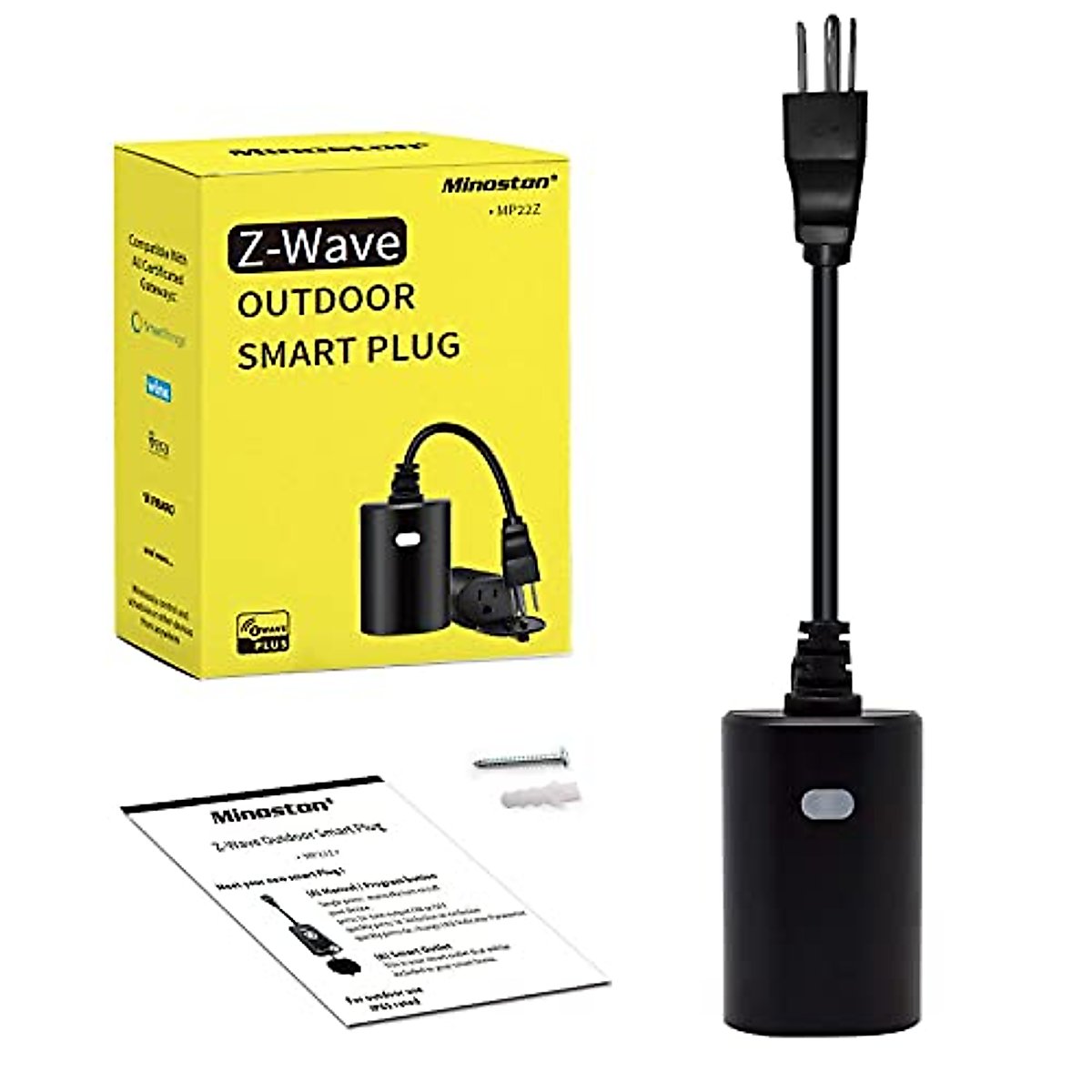 Minoston Z-Wave Plus Smart Plug, Outdoor On/Off Outlet Switch, ZWave Hub Required, Weather-Resistant, Built-in Repeater, Work with SmartThings, Wink, Alexa, Black(MP22Z)