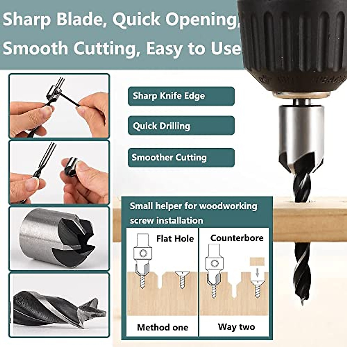 ARUGOU 23-Pack Woodworking Chamfer Drilling Tool Set, 8PCS Wood Plug Cutter, 7PCS Three-Pointed Countersink Drill Bit & L-Wrench, 6PCS 1/4"Hex 5 Flute Countersink Drill Bit (High Speed Steel)