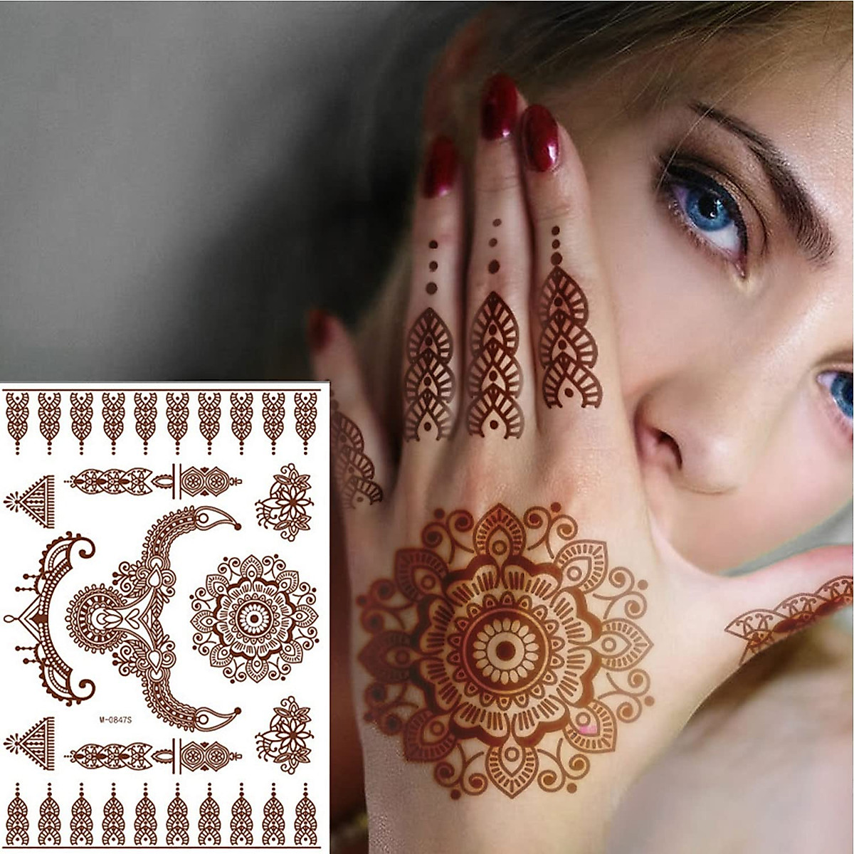 6 Sheets Brown Henna Temporary Tattoo Stickers Lace Pattern Fake Tattoos Mystery Sexy Mandala Flower Body Art Design Waterproof Henna Sticker for Women Girls DIY on Body Face Arms Legs (Brown)
