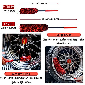 Professional 4 Pack Long Handle Wheel Brush Kit for Cleaning Wheel and Tire- 2X Soft Wheel Woolies Cleaning Brush, Detailing Brush and Stiff Tire Brush, Bendable& Durable Wheel Rim Cleaner Brush Set