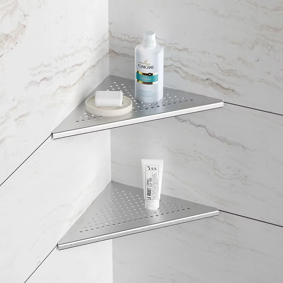 Neodrain 10 Inch Brushed Corner Wall Shelf Set of 2, Floating Corner Shelves for Wall, 304 Stainless Steel Wall Storage Shelves for Bathroom,No Drilling