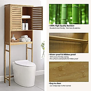MUPATER Bathroom Over-The-Toilet Storage Cabinet with Doors and Shelves, Bamboo Over Toilet Organizer, Freestanding Tall Space Saver Toilet Rack, Natural Wood