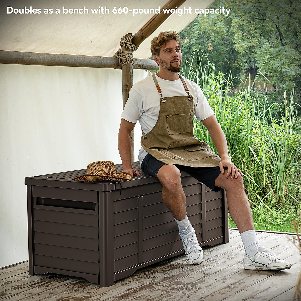 DWVO Large Deck Box 120 Gallon Waterproof Outdoor Storage Box, Extra Large Outdoor Storage Bin, Resin Louvered Patio Storage for Outdoor Pillows, Garden Tools & Pool Supplies, Lockable, Dark Brown