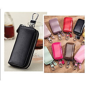 LANZITOER Leather Car Key Case Holder Keychain Case Wallet Zipper Closure For Men And Women (Black)