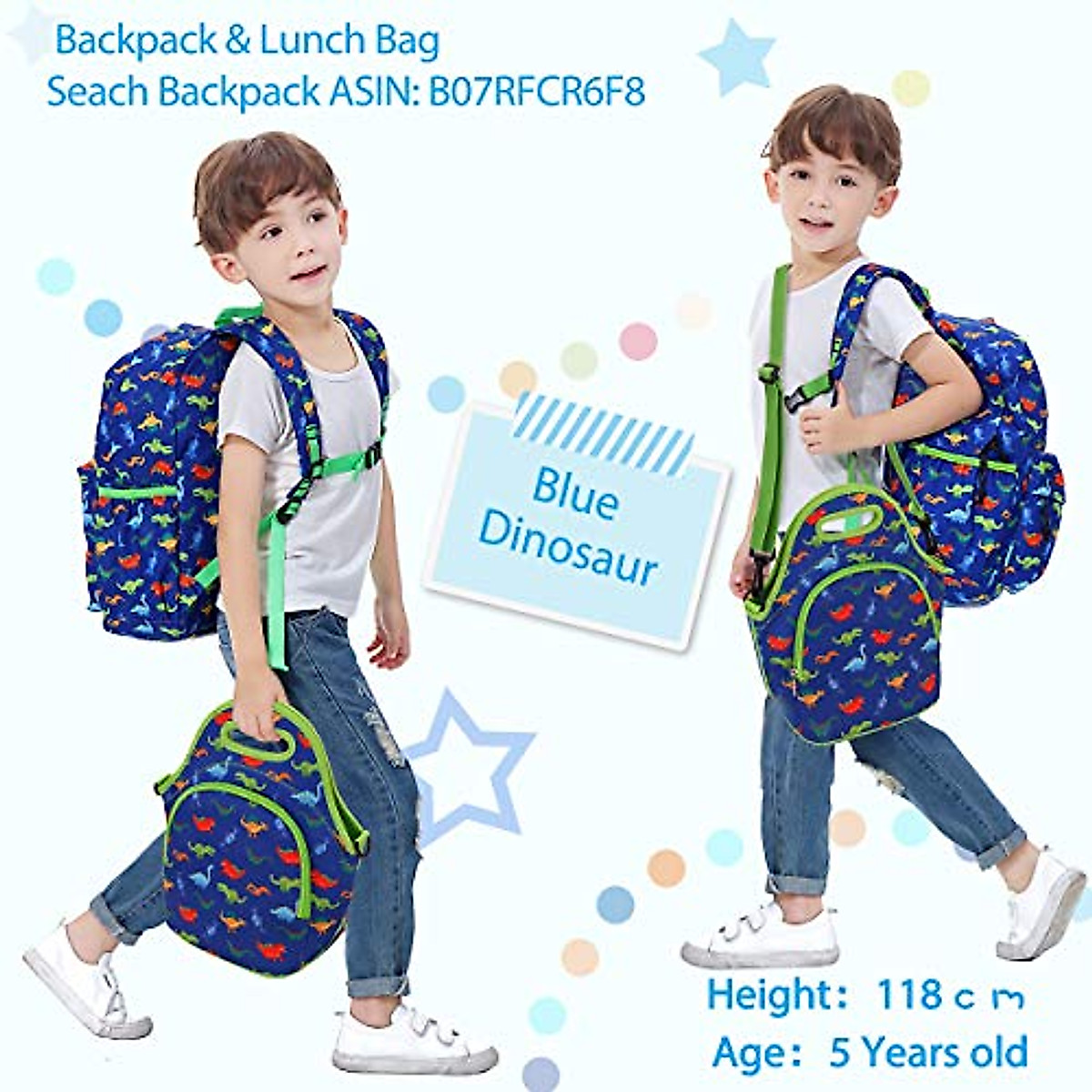 VX VONXURY Lunch Bag for Boys, Neoprene Small Lunch Box Bag for Kids Cute Insulated Thermal Lunch Tote with Removable Shoulder Strap, Dinosaur