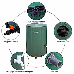 VINGLI 100 Gallon Collapsible Rain Barrel, Portable Water Storage Tank, Rainwater Collection System Downspout, Water Catcher Container with Filter Spigot Overflow Kit