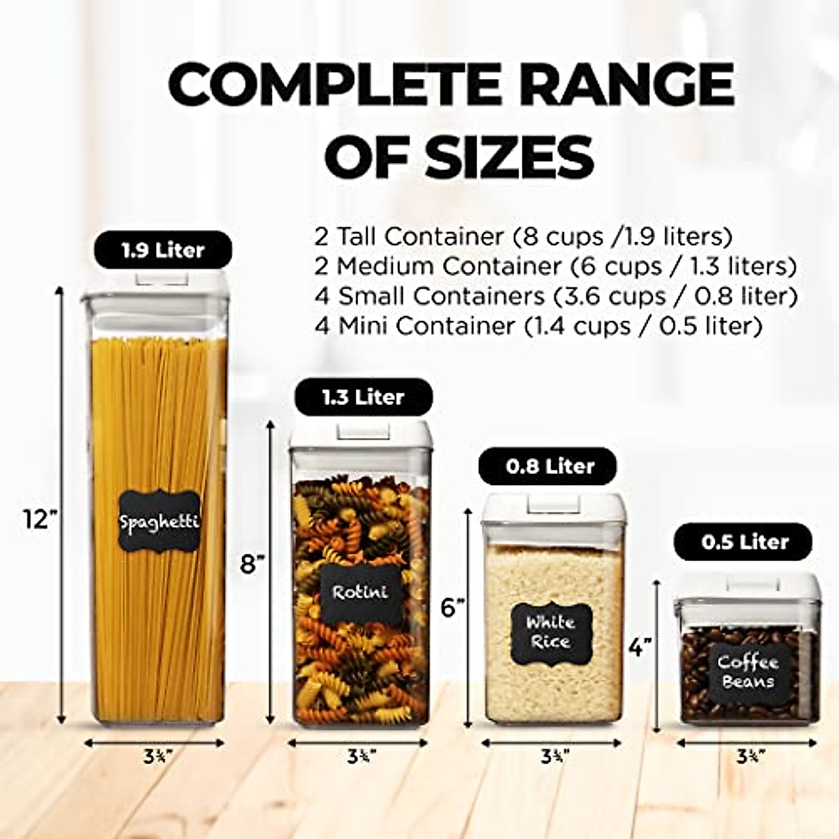 Shazo Airtight Food Storage Containers 12 PC Set, Kitchen Pantry Organization Plastic Containers + Labels +Marker BPA FREE Food Storage Container for Sugar, Rice, Cereal, Flour + Interchangeable Lids